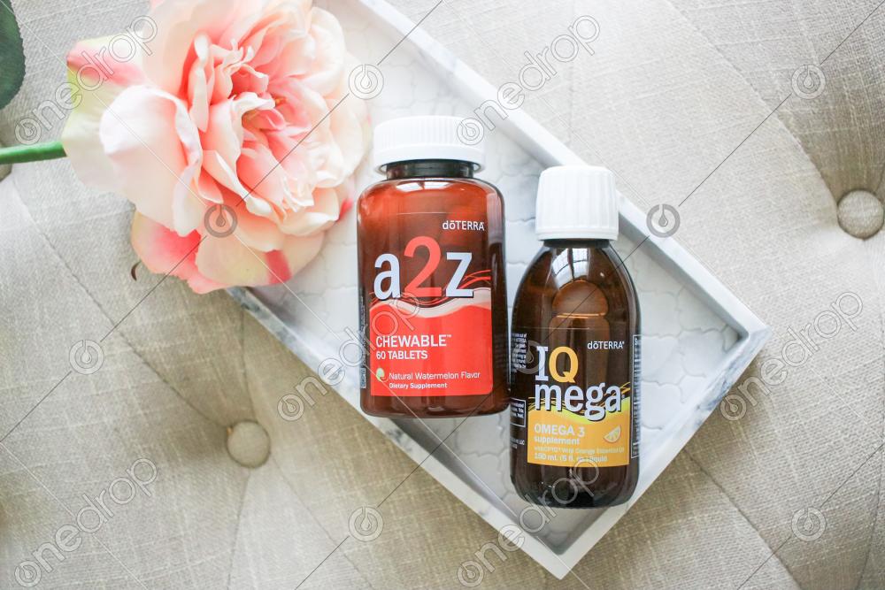 a2z Chewable™ Tablets and IQ Mega on a Marble Tray with Pi by Reeni Geiser