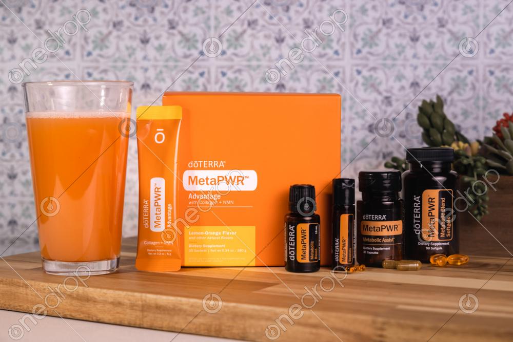 MetaPWR™ System with mixed drink styled on wooded board by Jaden Magleby